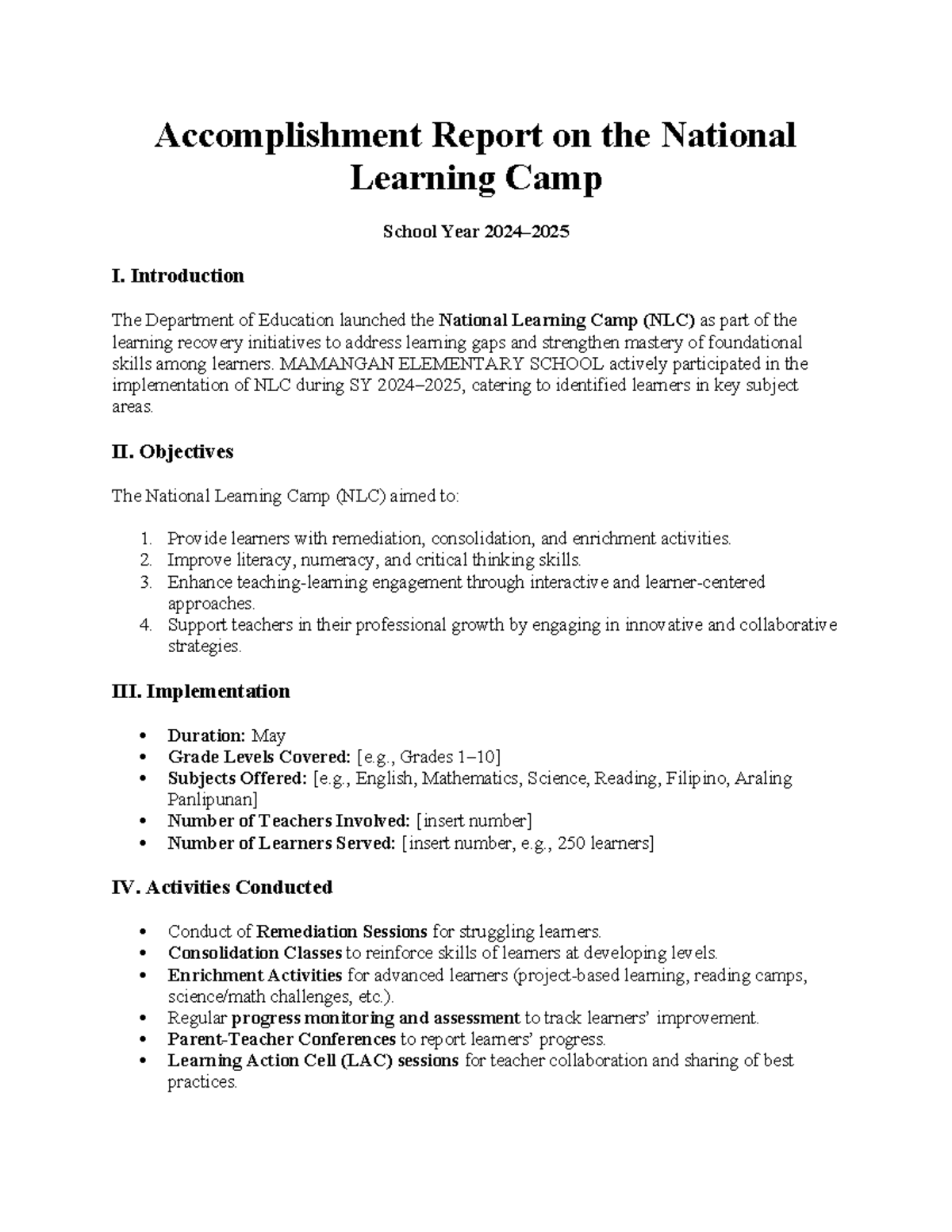 Accomplishment Report: National Learning Camp SY I Activities and ...
