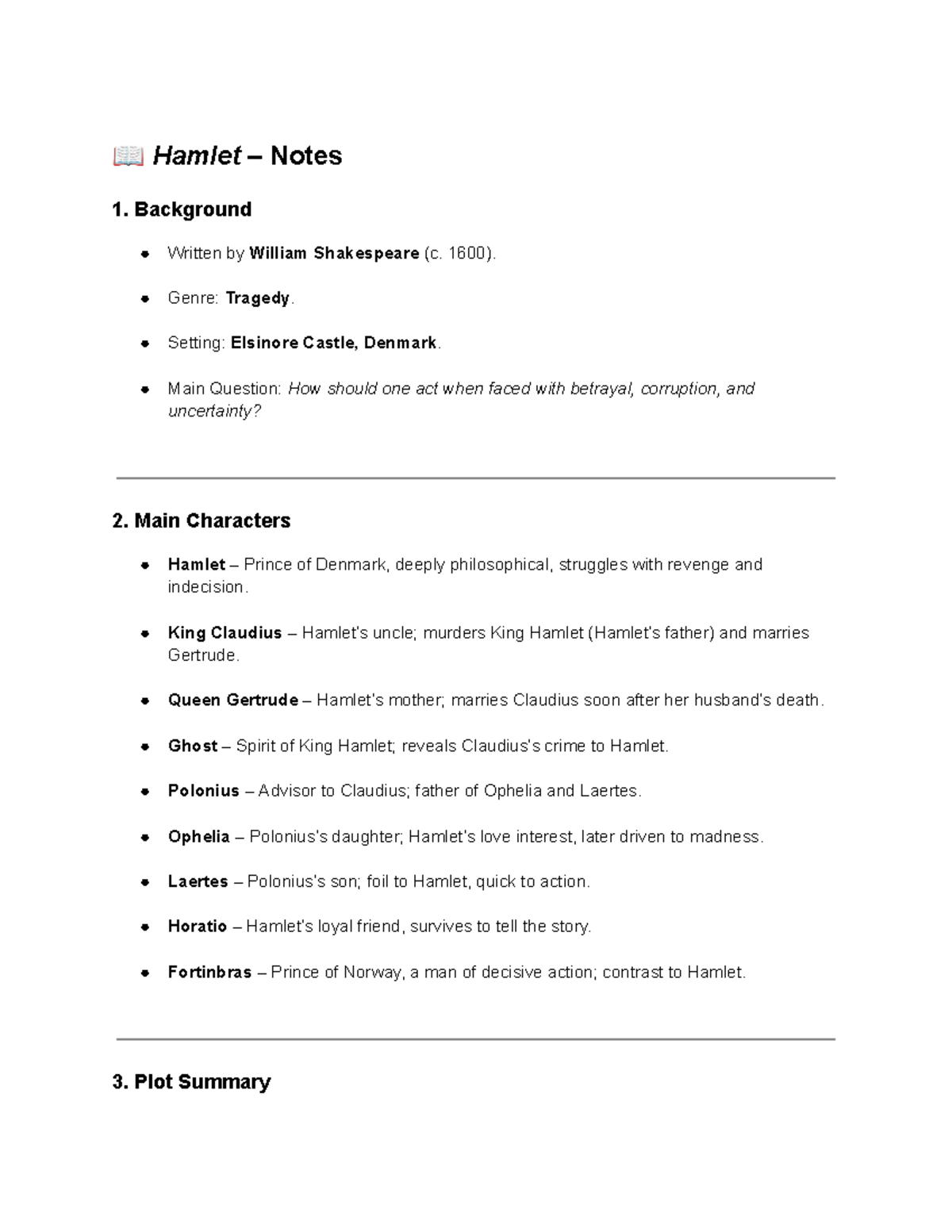 Hamlet Notes (ENG 101): Themes, Characters, and Plot Summary - Studocu