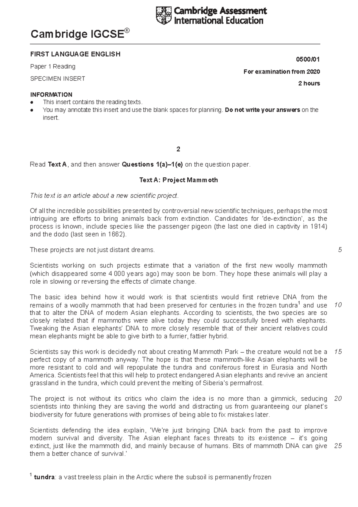 Cambridge FIRST LANGUAGE ENGLISH 2020 Specimen Paper 1 Reading Insert ...