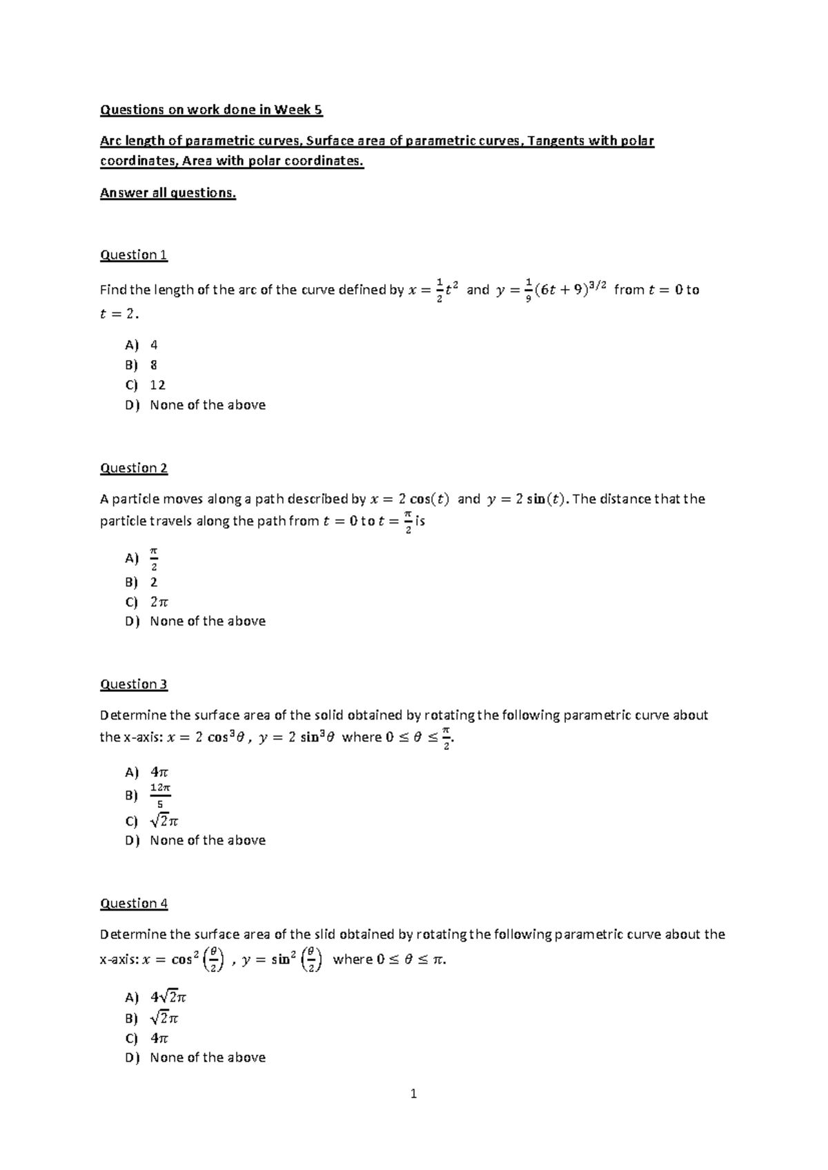 Week 5 Questions: Arc Length, Surface Area & Polar Coordinates - Studocu