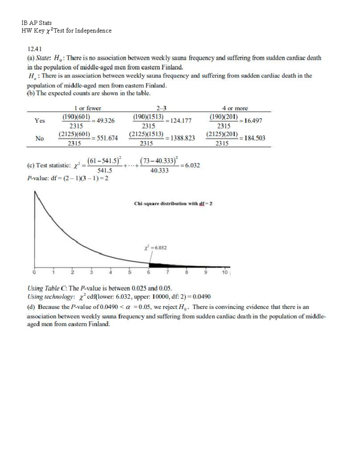 IB AP Stats HW Key: Chi-Squared Test for Independence Analysis - Studocu