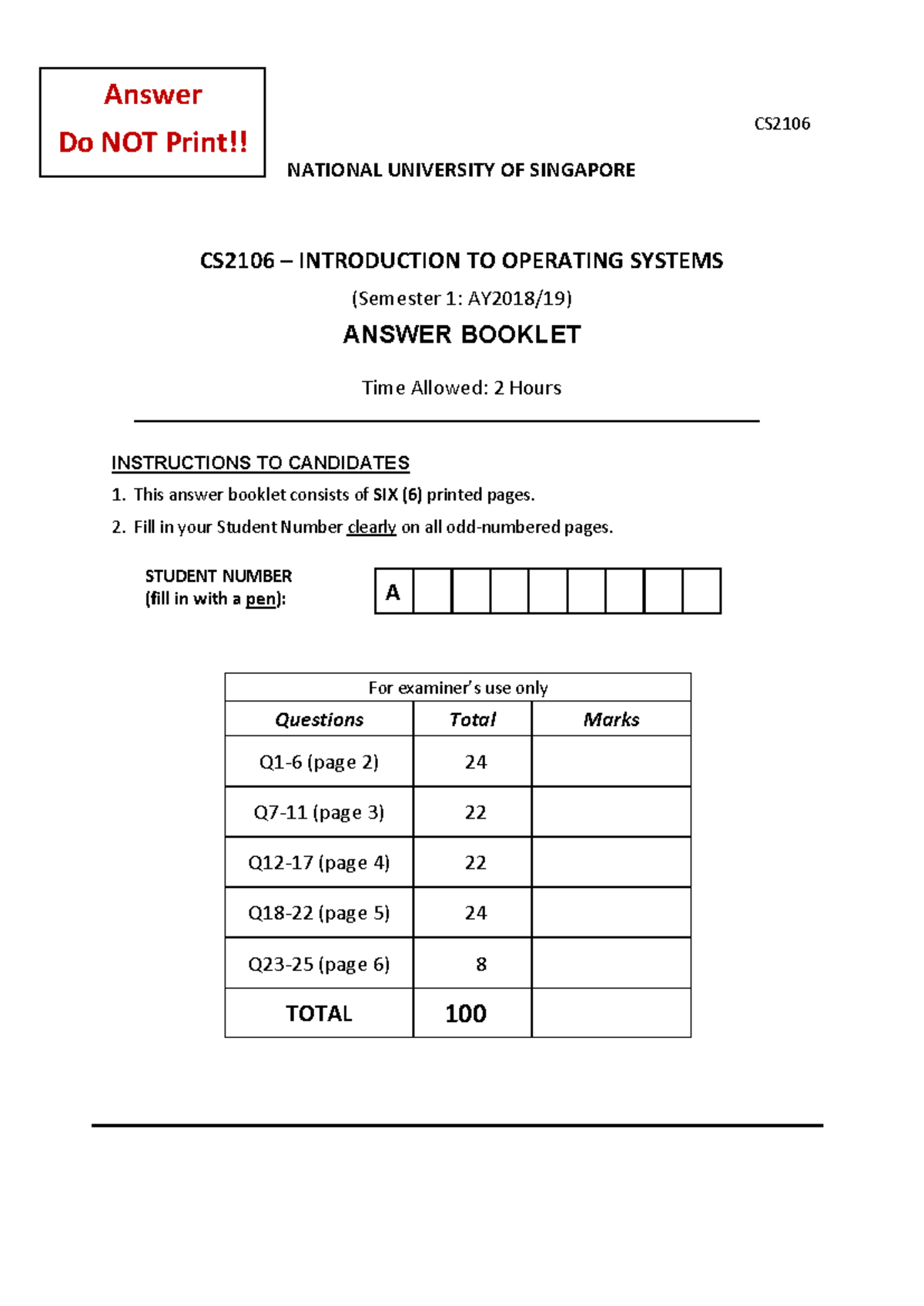 CS2106 AY1819S1 Final Exam Answer Booklet Solutions - Studocu