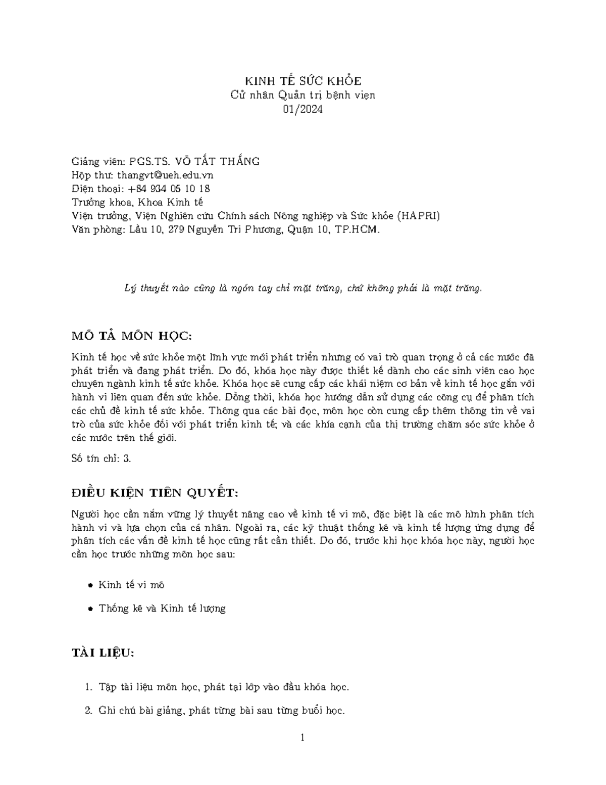 Syllabus Kinh Tế Sức Khỏe 2024 - QTBV K47 - Studocu