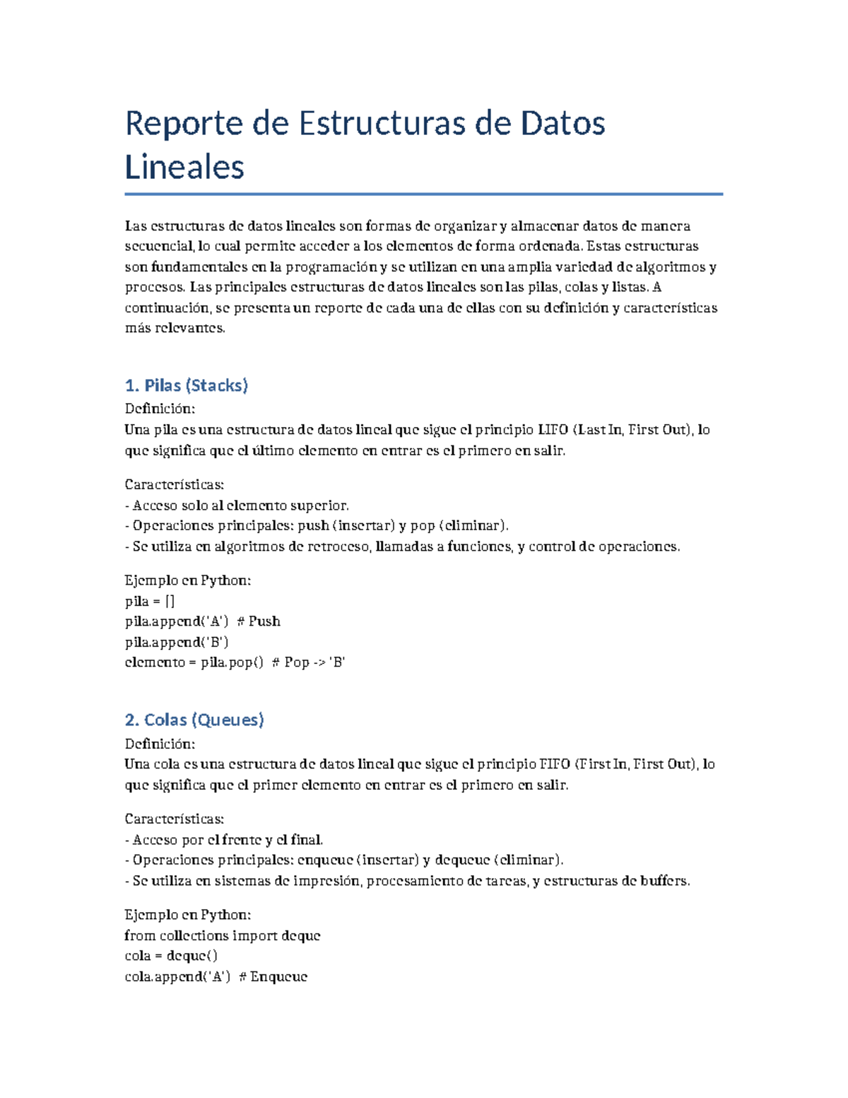 Reporte de Estructuras de Datos Lineales: Pilas y Colas - Studocu