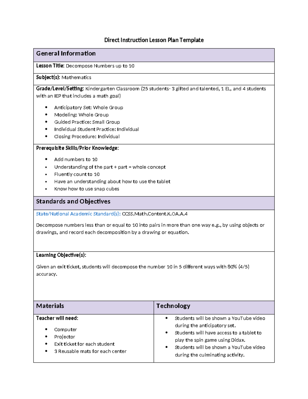 C109 Task One - Paper - Direct Instruction Lesson Plan Template General ...
