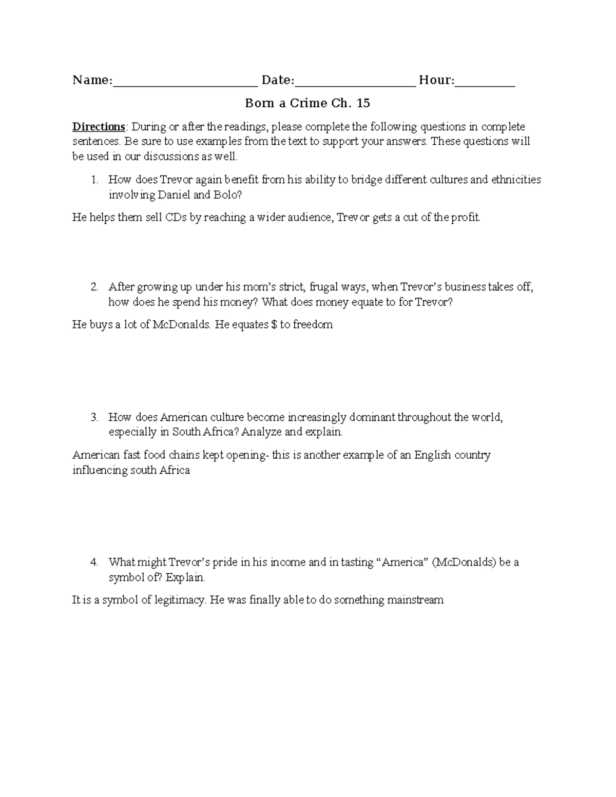 Born a Crime Ch. 1 Discussion Questions and Insights - Studocu