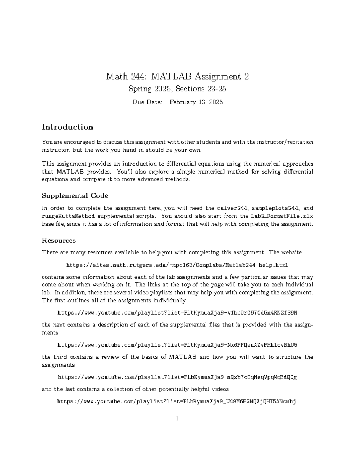 Math 244: MATLAB Assignment 2 - Differential Equations Lab - Studocu
