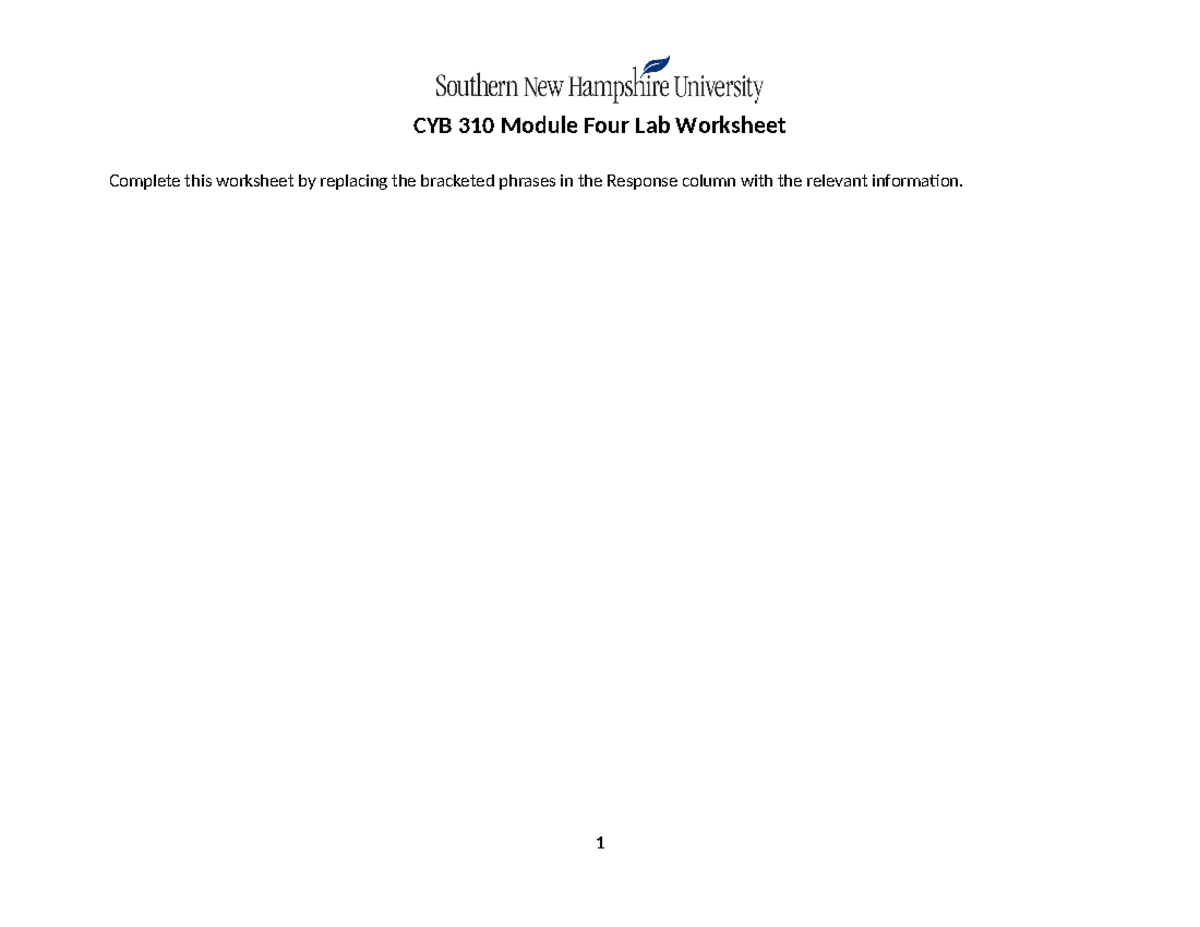 CYB 310 Module 4 Lab Worksheet: Network Analyzers & Malware Detection - Studocu
