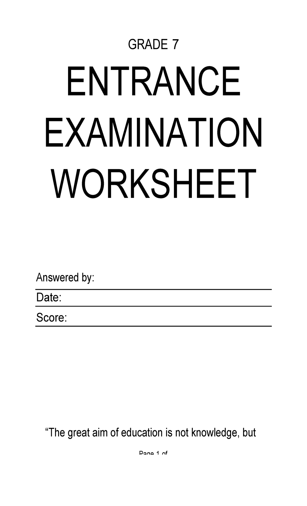 Grade 7 Mathematics Entrance Exam Worksheet and Solutions - Studocu