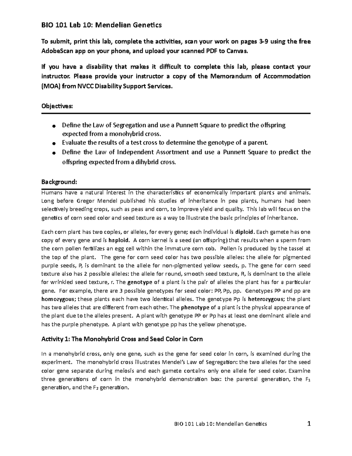 BIO 101 Lab 10: Exploring Mendelian Genetics Through Corn Traits - Studocu