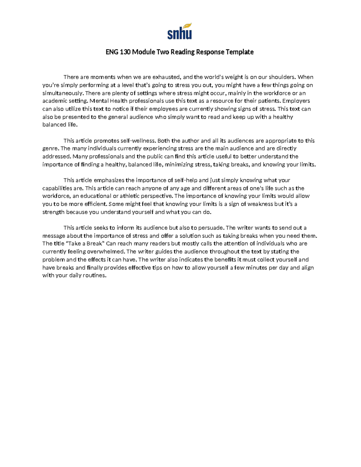 Eng 130 Module Two Reading Response Understanding Stress Management