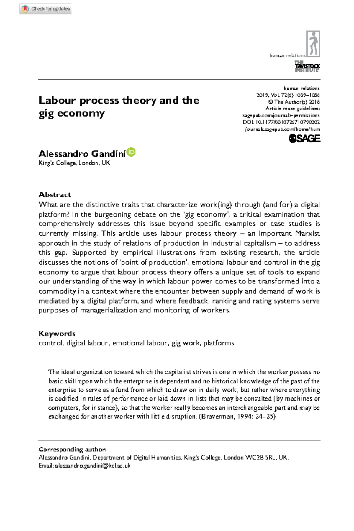 Labour Process Theory and the Gig Economy: Insights from Human ...
