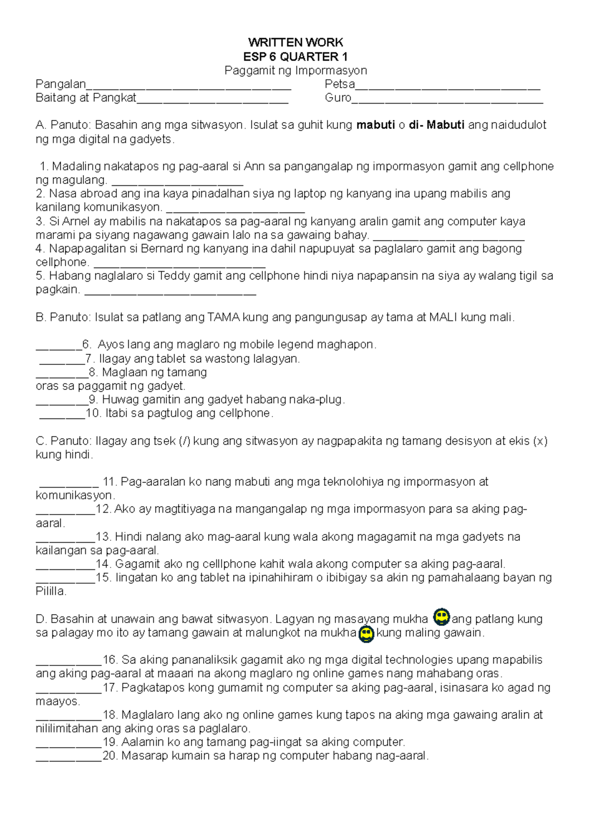 Written Work #5: Paggamit ng Impormasyon sa Digital Gadgets - Studocu
