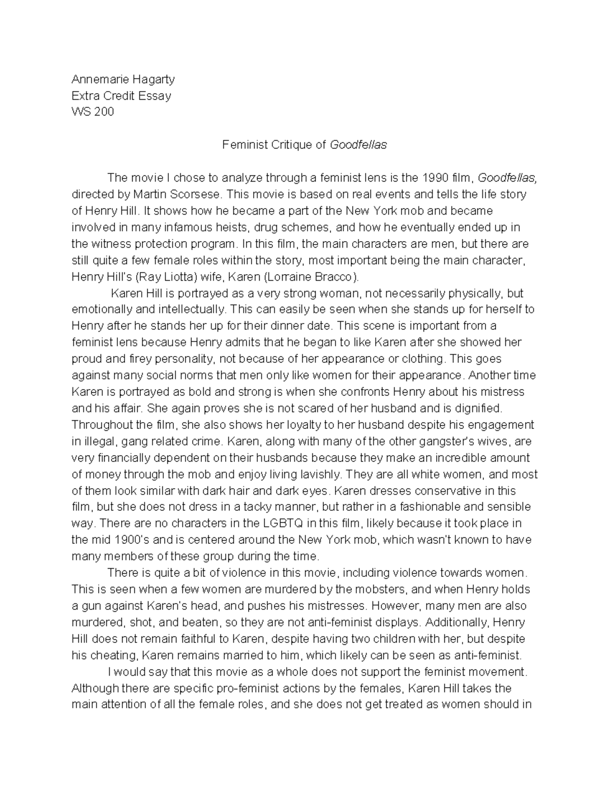 WS 200 Extra Credit Essay: Feminist Analysis of Goodfellas - Studocu
