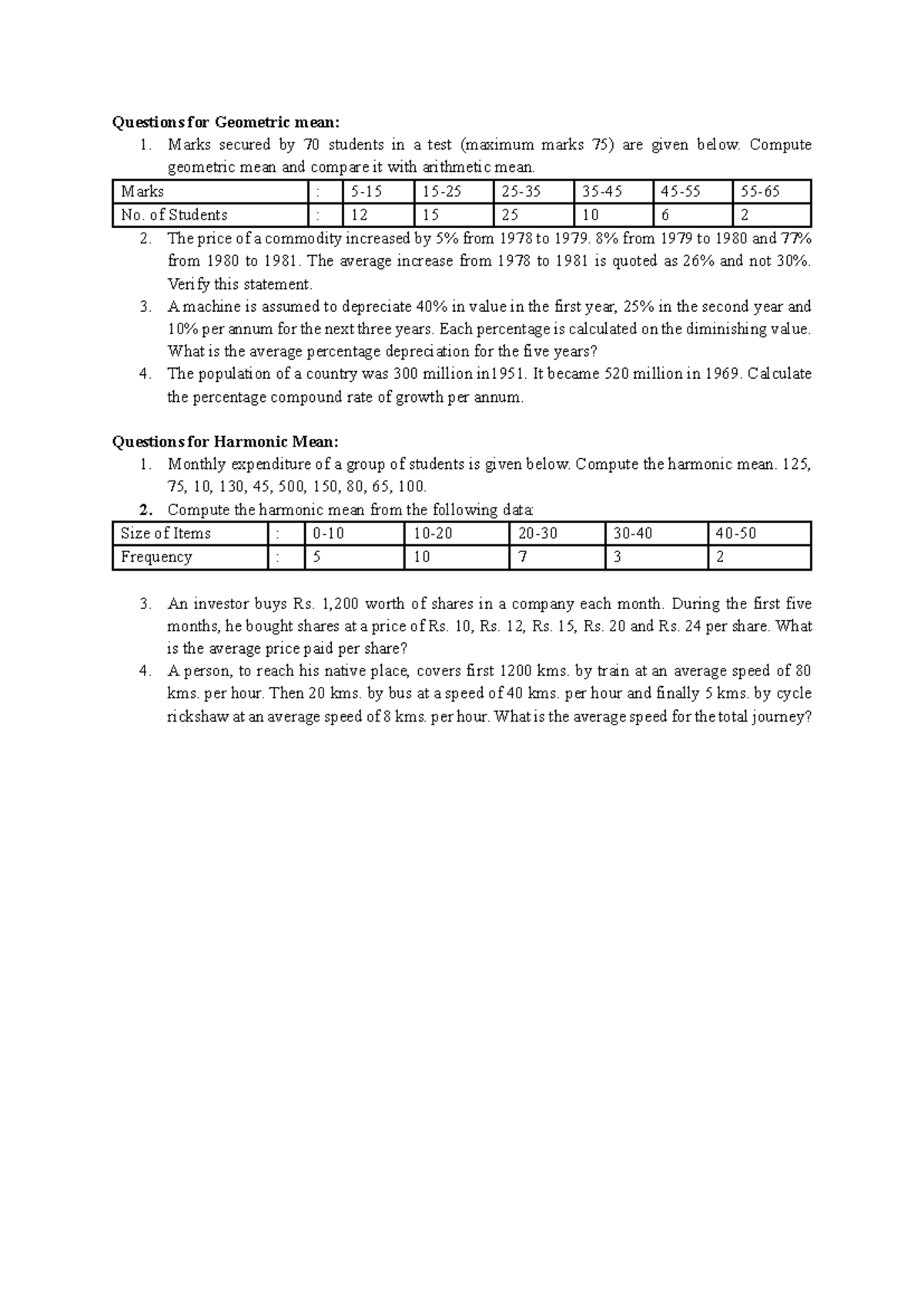 Questions for Geometric Mean and Harmonic Mean Analysis (MATH101) - Studocu