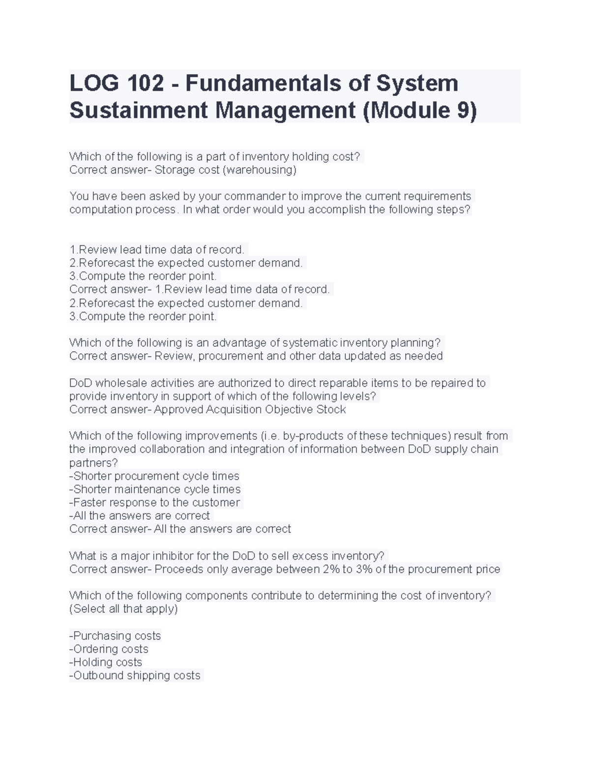 LOG 102 - Fundamentals of System Sustainment Management (Module 9) - In ...