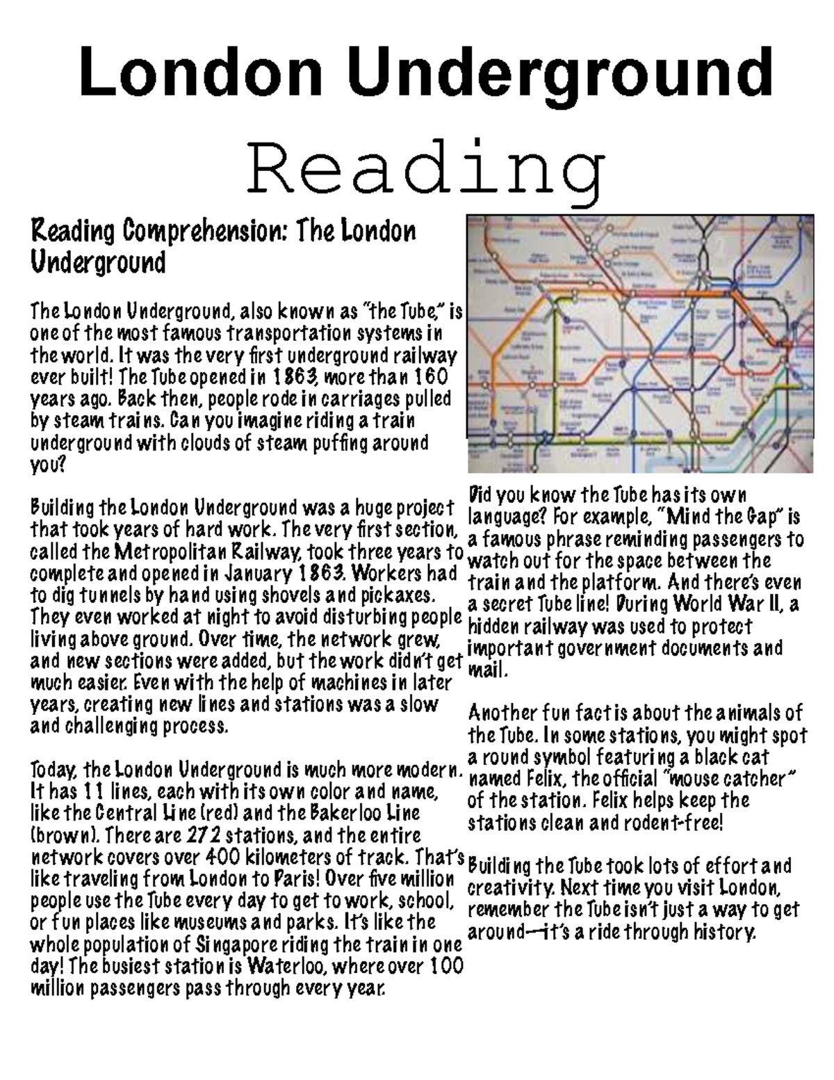 ESL Reading Comprehension: The London Underground Overview - Studocu