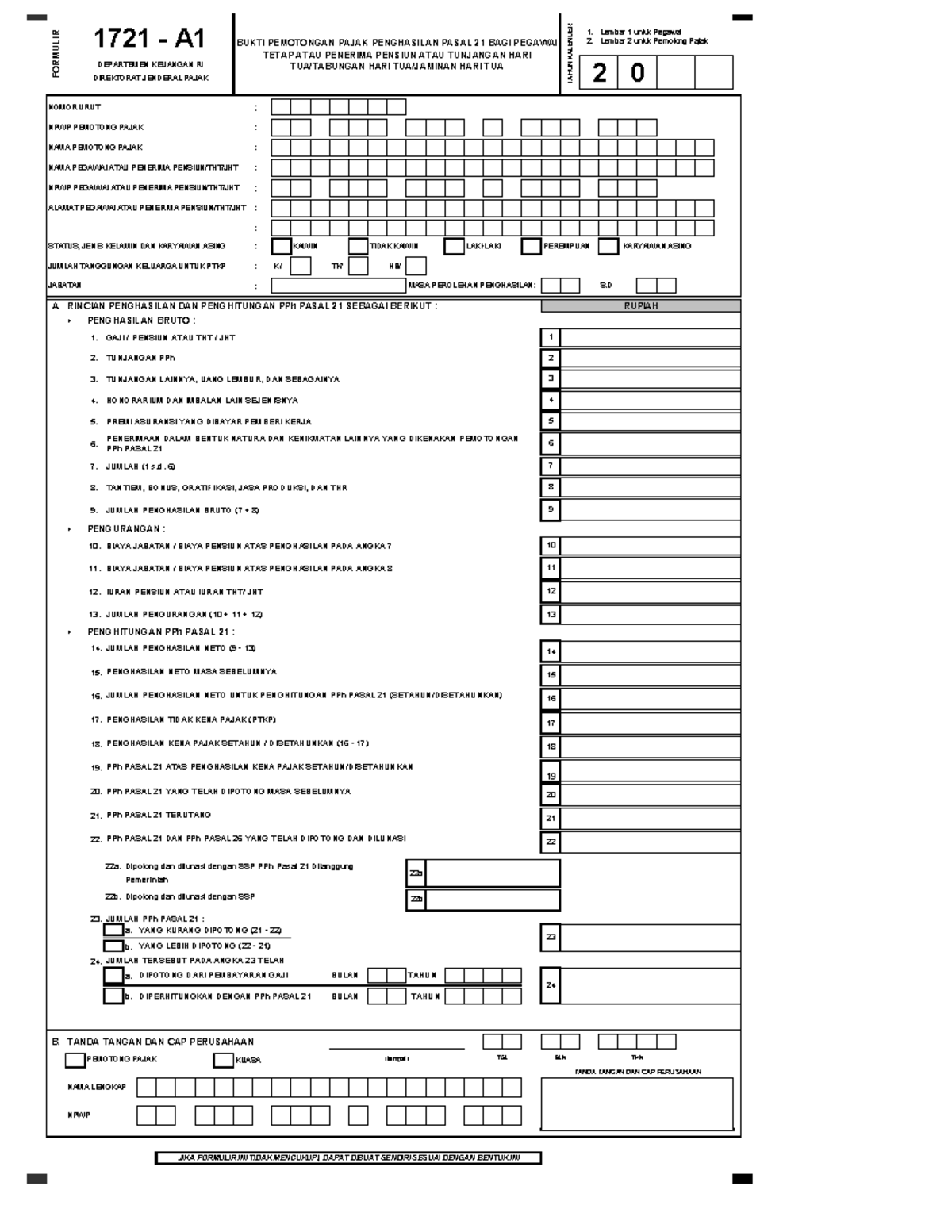 FORM SPT 1721-A1 Pegawai Tetap ATAU Penerima Tunjangan - 1. 2. NOMOR ...