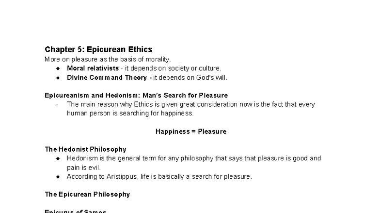Chapter 5 & 6: Epicurean & Stoic Ethics - Pleasure & Virtue - Studocu