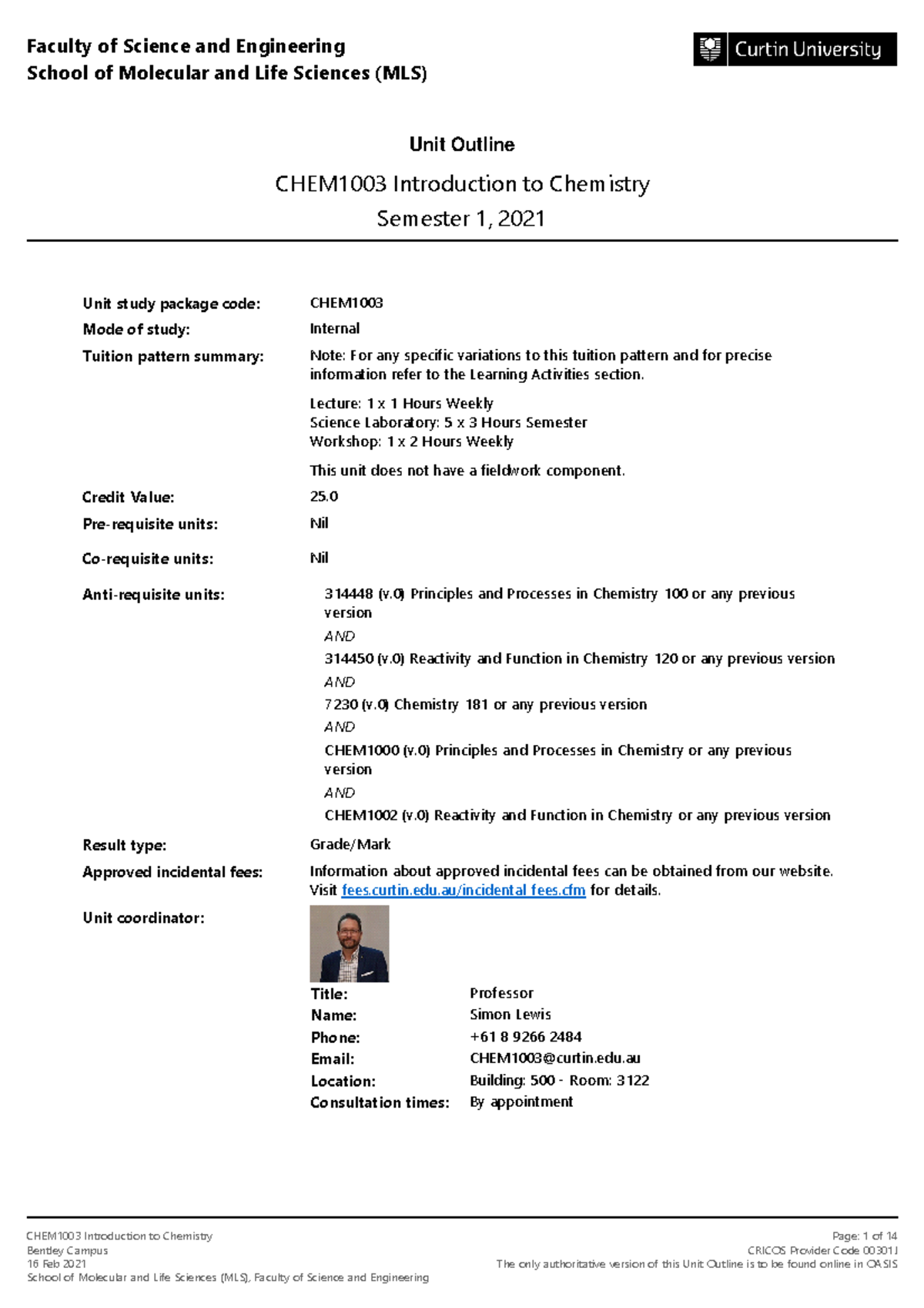 CHEM1003 Introduction to Chemistry Semester 1 2021 Bentley Campus INT ...
