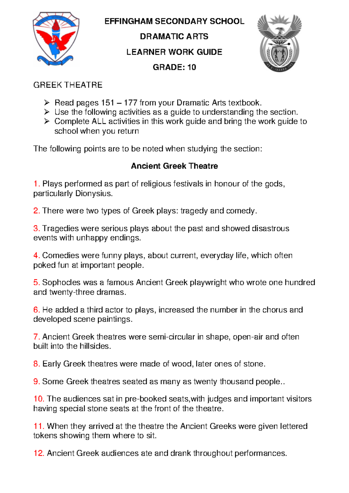 Grade 10 Dramatic Arts: Greek Theatre Resource Pack - Studocu