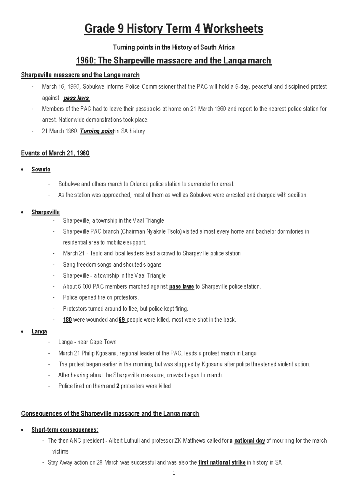 Grade 9 History Term 4: Worksheets on Key Events and Movements - Studocu