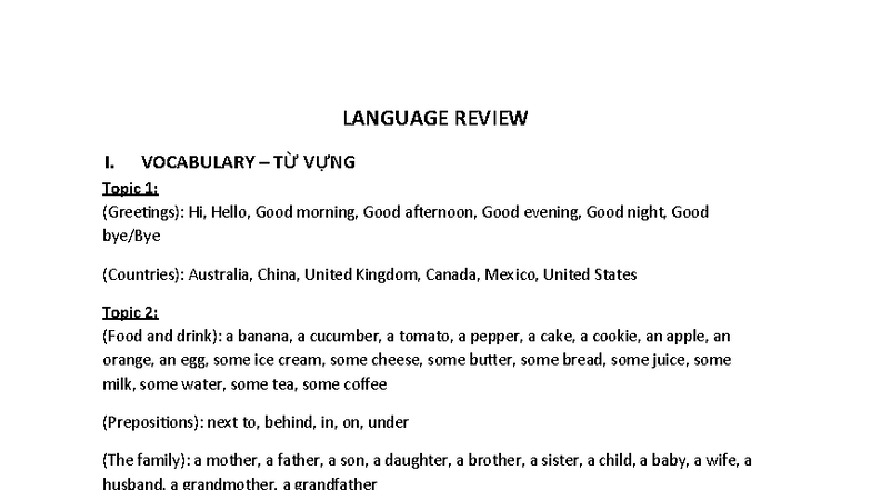 LANGUAGE REVIEW: Vocabulary & Grammar Guide for ESL Students - Studocu