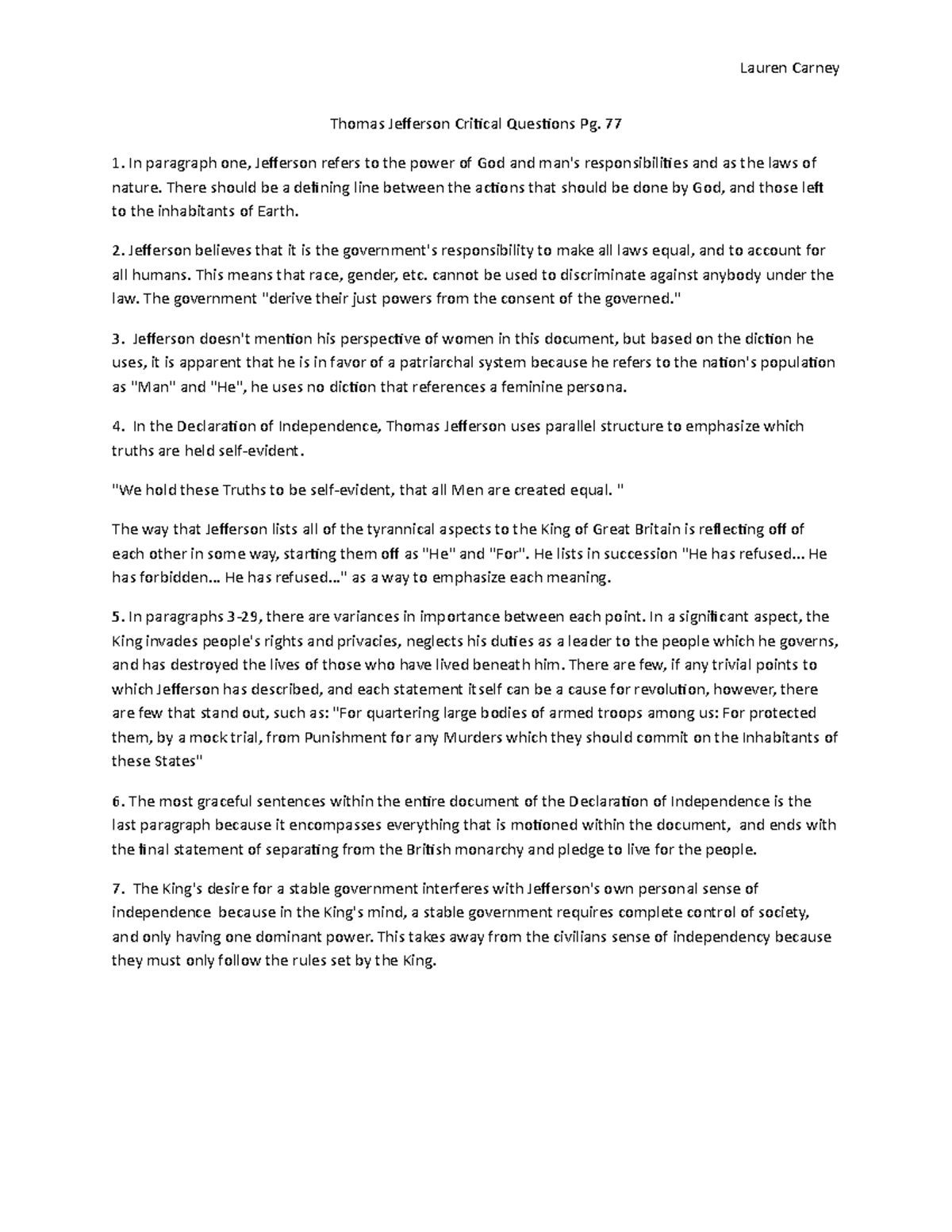 Thomas Jefferson Critical Questions Pg - 77 1. In paragraph one ...