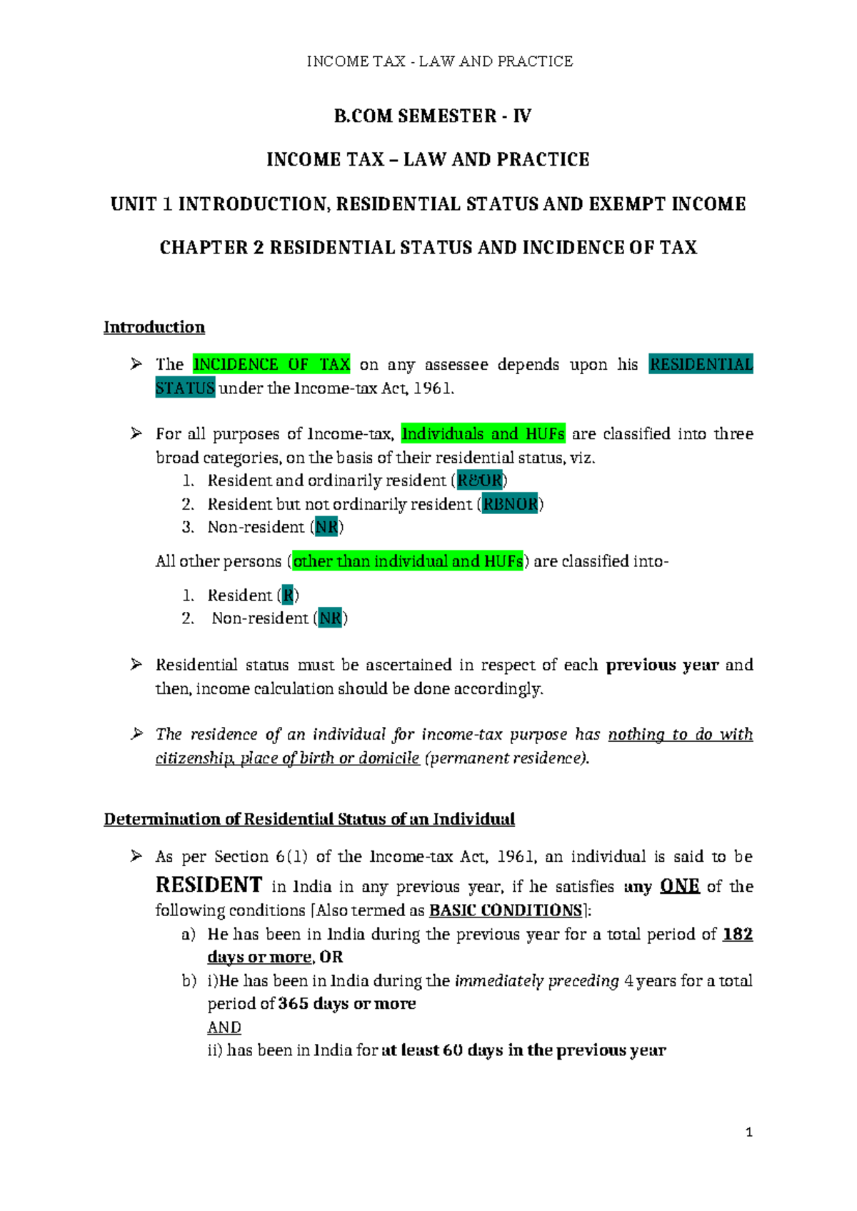 B.COM SEM IV: Income Tax Law & Practice - Residential Status Overview ...
