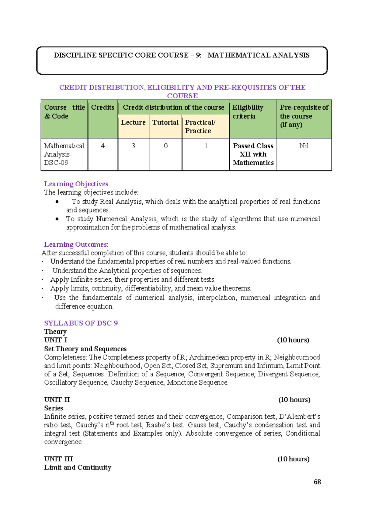 Mathematical Analysis NEP Syllabus (Course Code: MATH 9) - Studocu