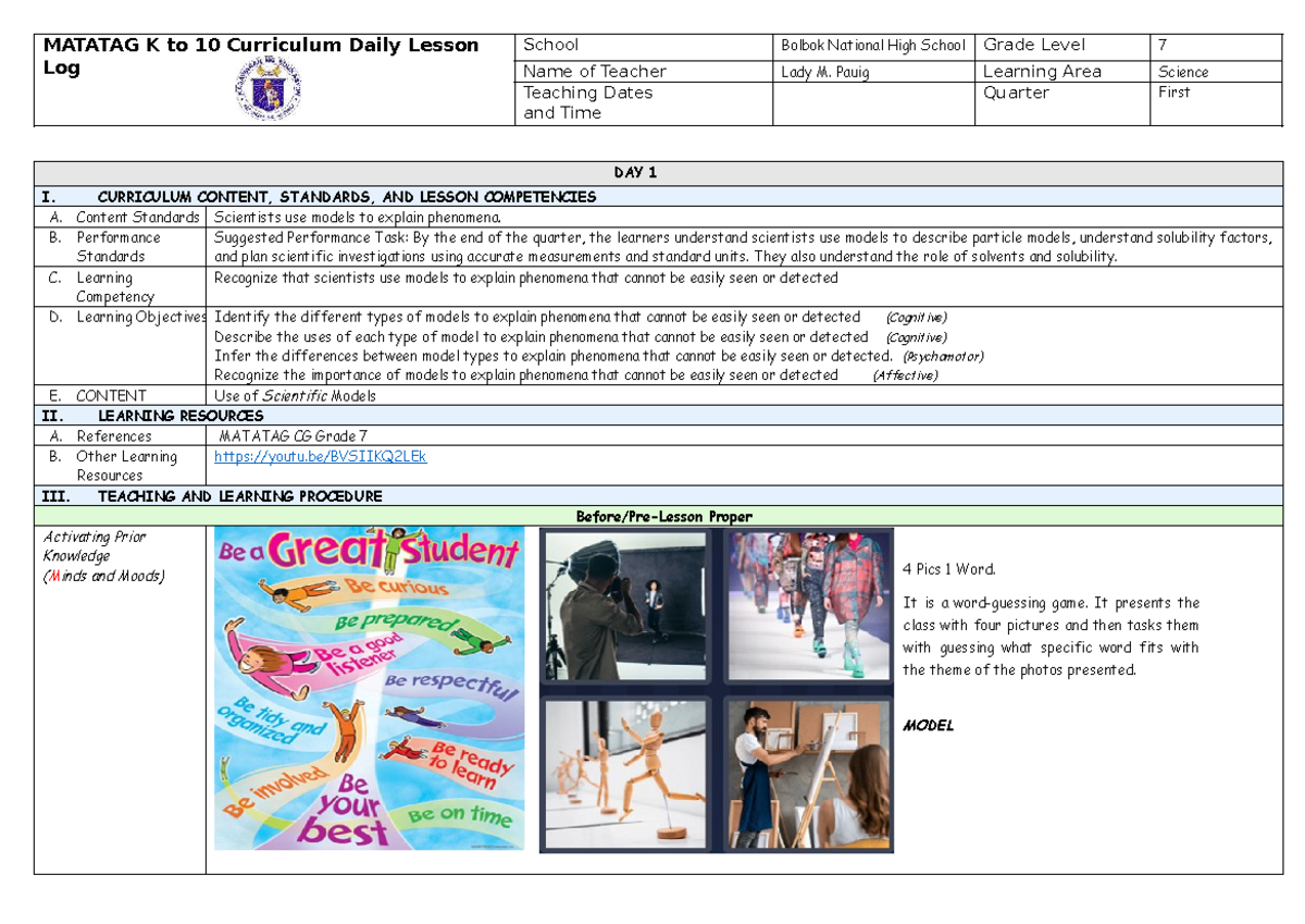 LEC 1 - Science Lesson Exemplar on Scientific Models for Grade 7 - Studocu