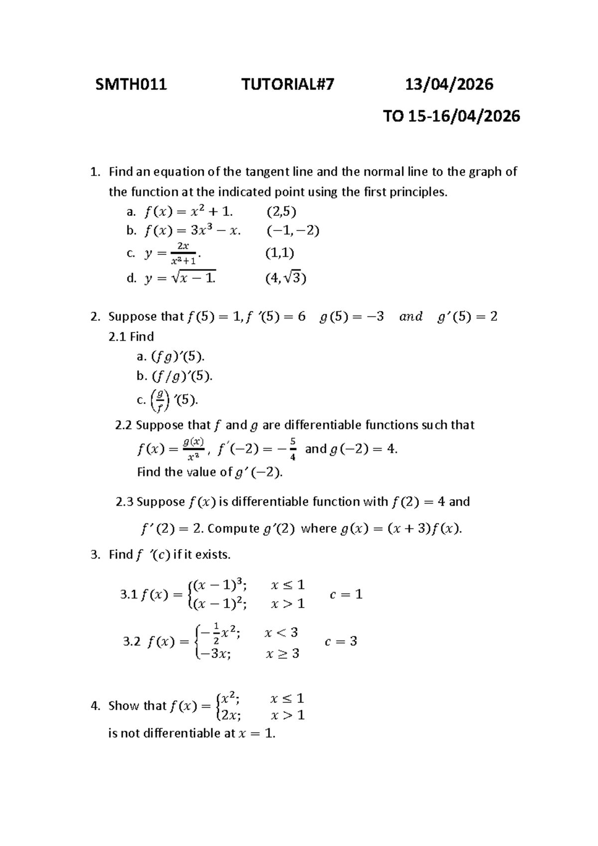 SMTH011 Tutorial 7: Tangent and Normal Lines Analysis - Studocu