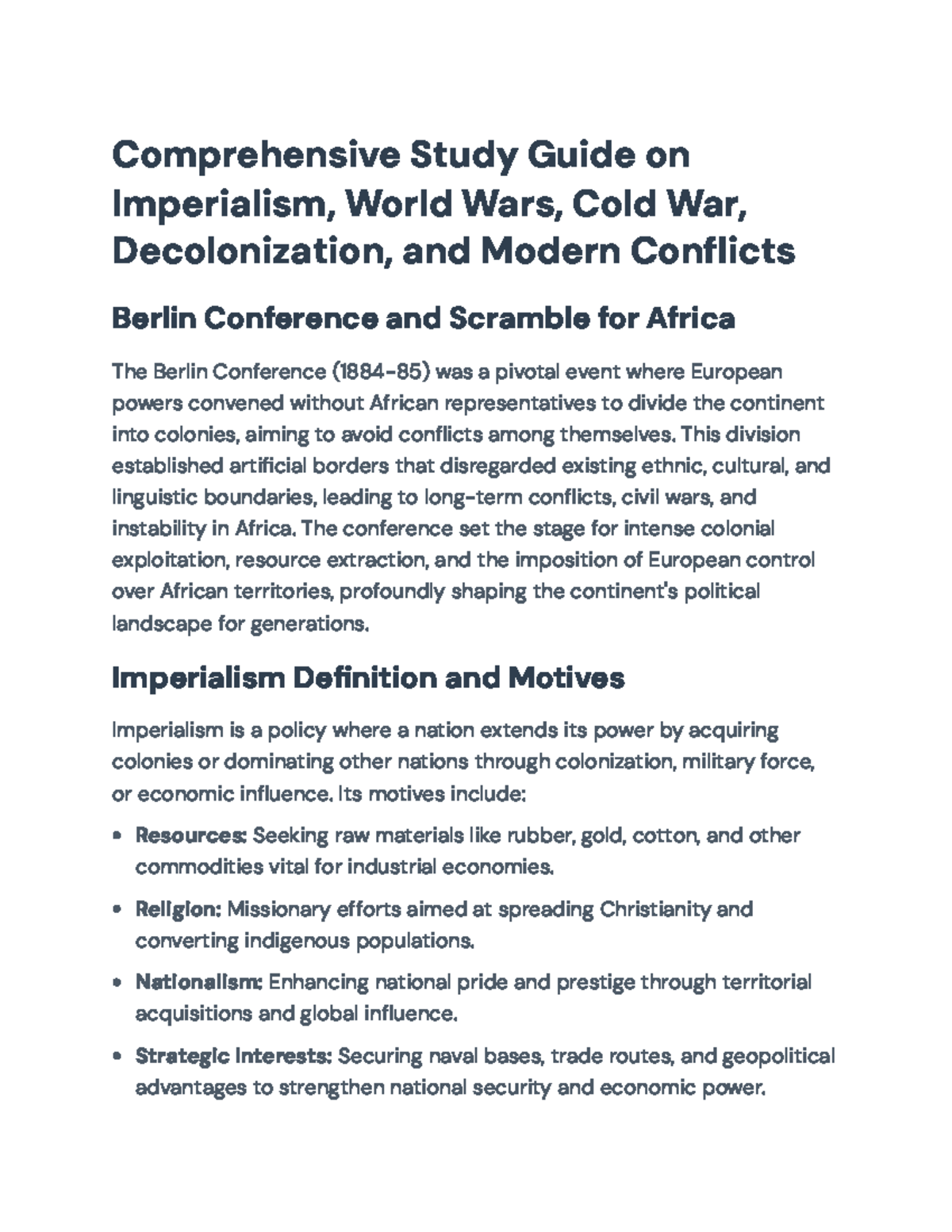 Comprehensive Study Guide: Imperialism, WWI, WWII, Cold War ...