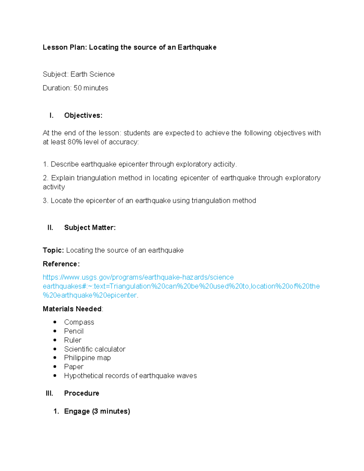 Lesson Plan for Earth Science: Locating Earthquake Epicenters - Studocu