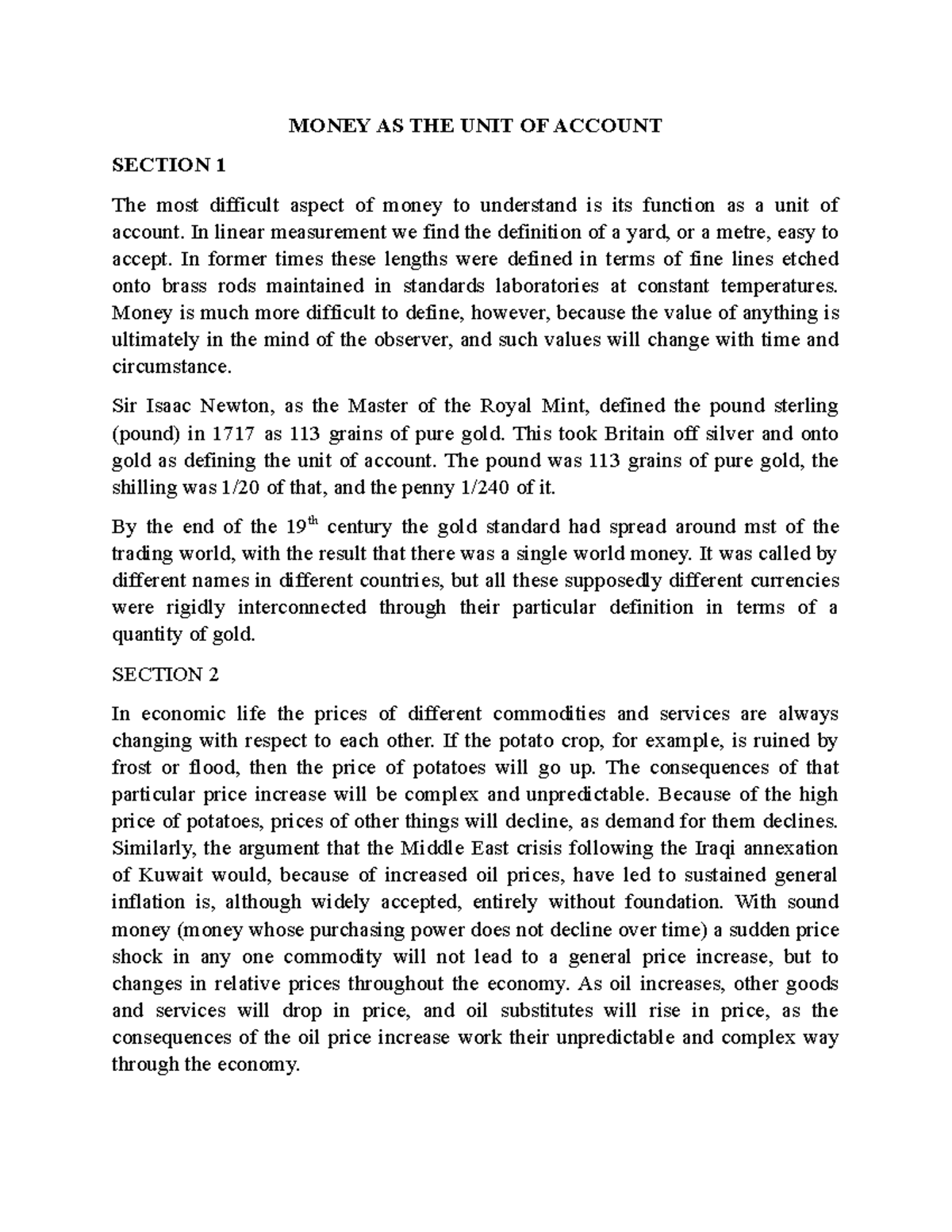 Money as a Unit of Account: Reading Exercise 4 Analysis and Insights ...
