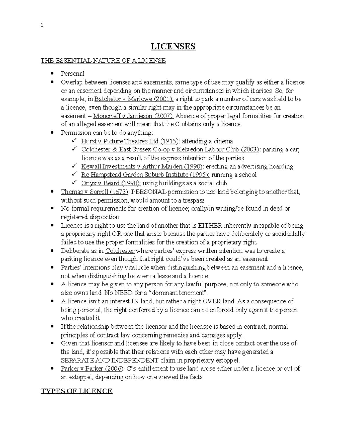 Licenses (LAW101) - Lecture Notes on Types and Nature of Licenses - Studocu
