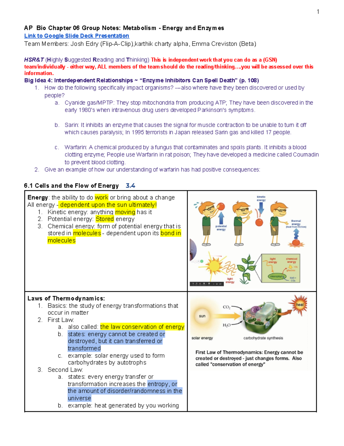 AP Biology - Chapter 06 Group Notes: Metabolism, Energy & Enzymes - 1 ...