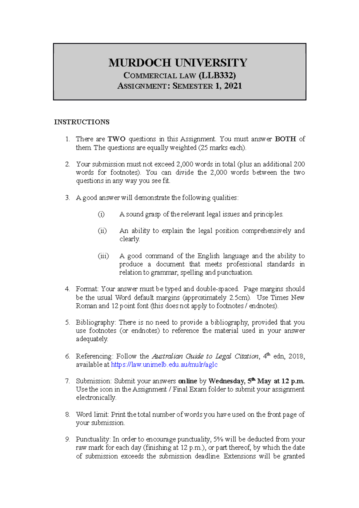 Commercial Law Assignment -S1, 2021 - MURDOCH UNIVERSITY COMMERCIAL LAW ...