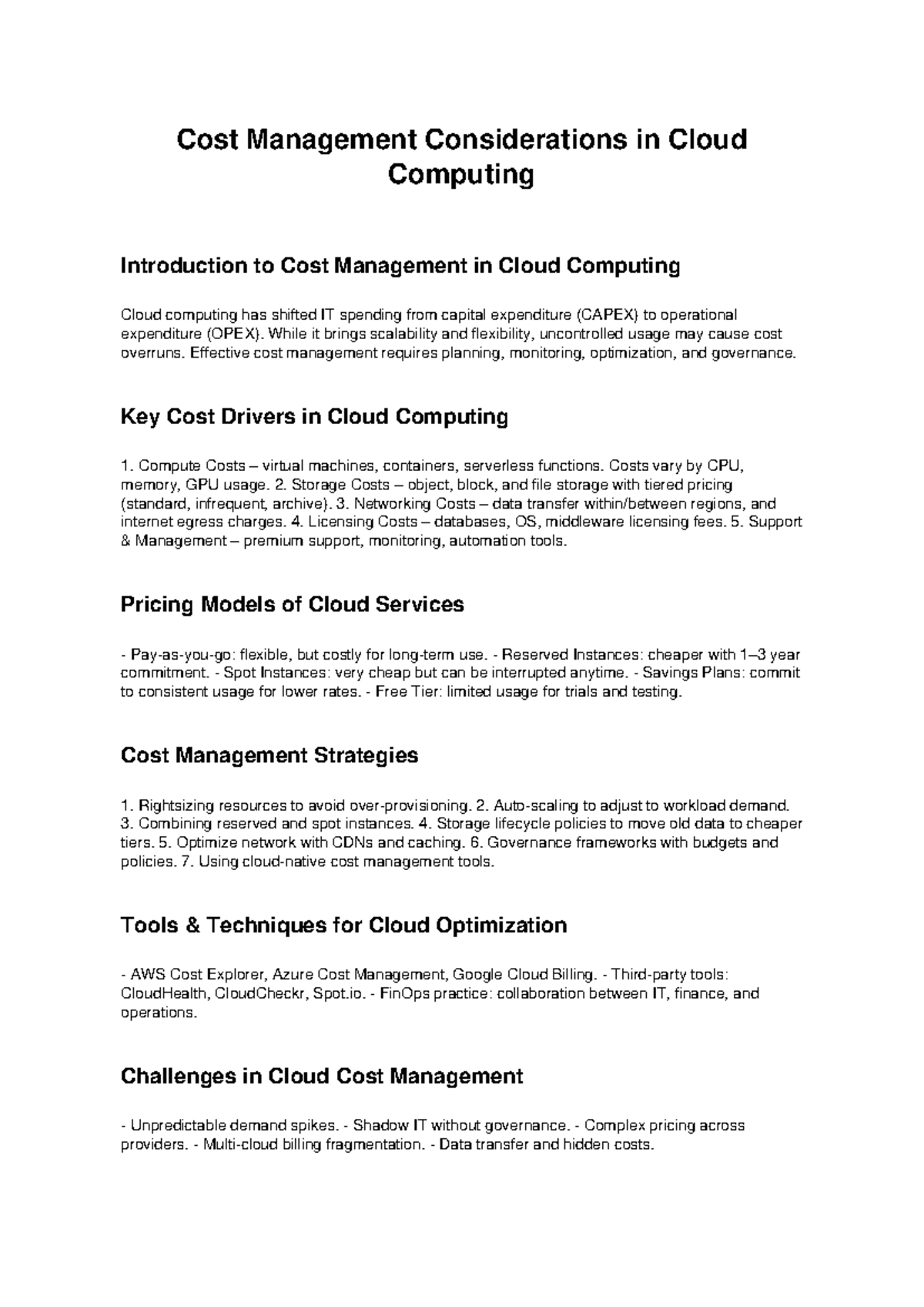 Cost Management Strategies in Cloud Computing (COST 101) - Studocu