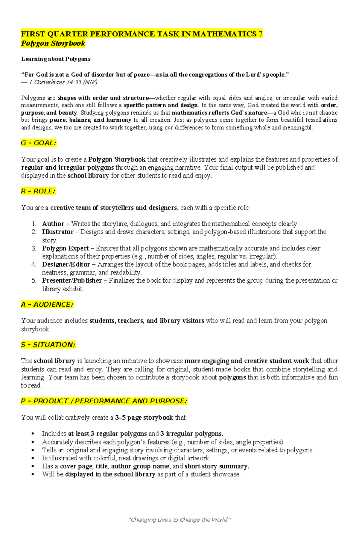 MATHEMATICS 7: First Quarter Performance Task - Polygon Storybook - Studocu