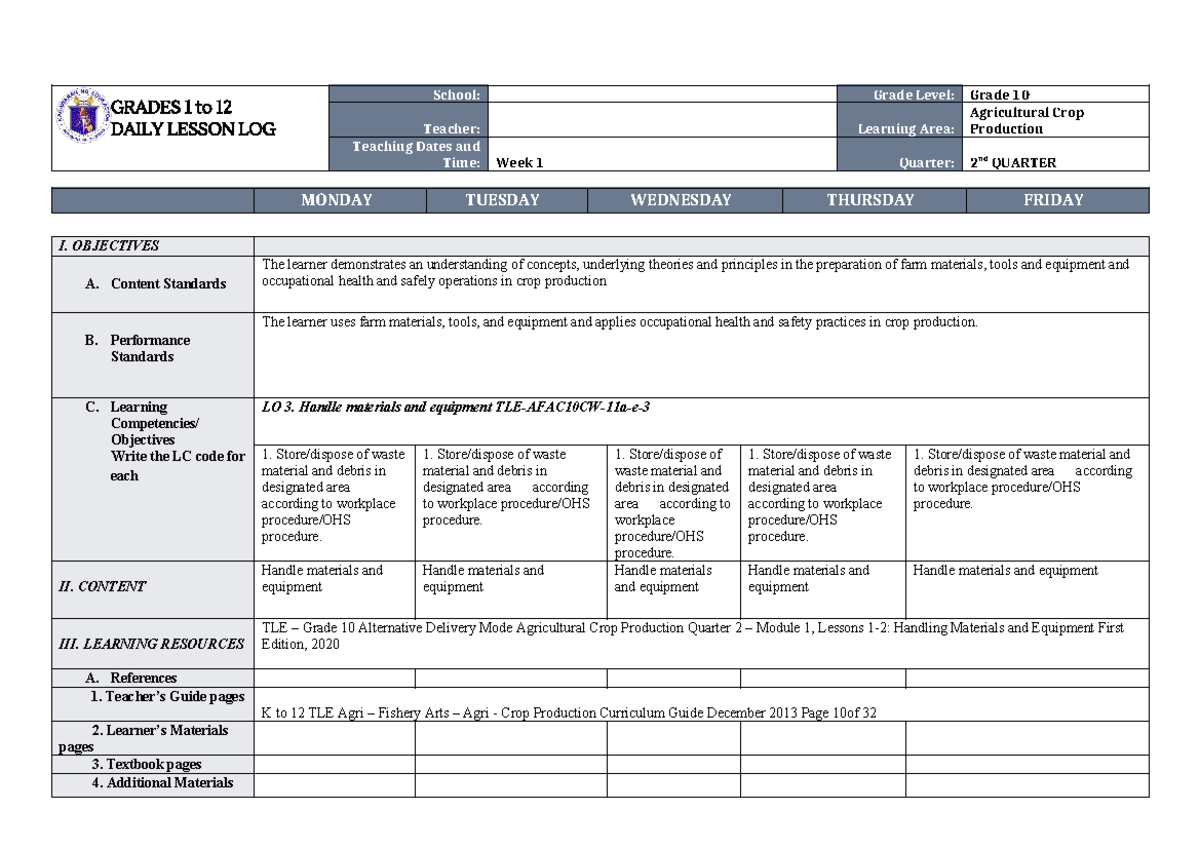 DLL - Agricultural Crop Production Daily Lesson Log for Grade 10 (Q2) - Studocu