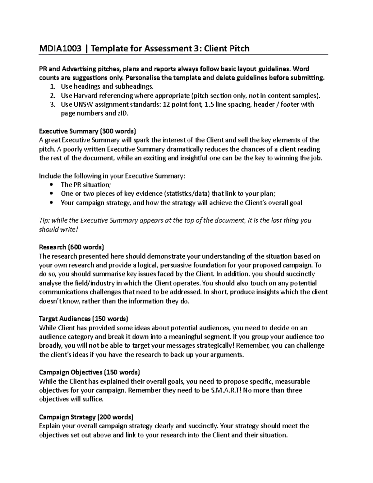 MDIA1003 A3 Client Pitch Template and Guidelines - Studocu
