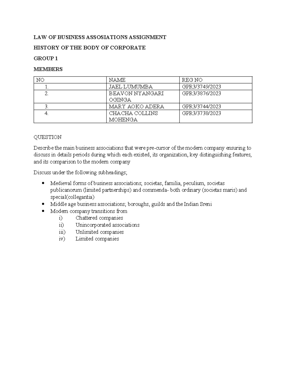 LAW OF BUSINESS ASSOCIATIONS ASSIGNMENT: Evolution of Corporate ...