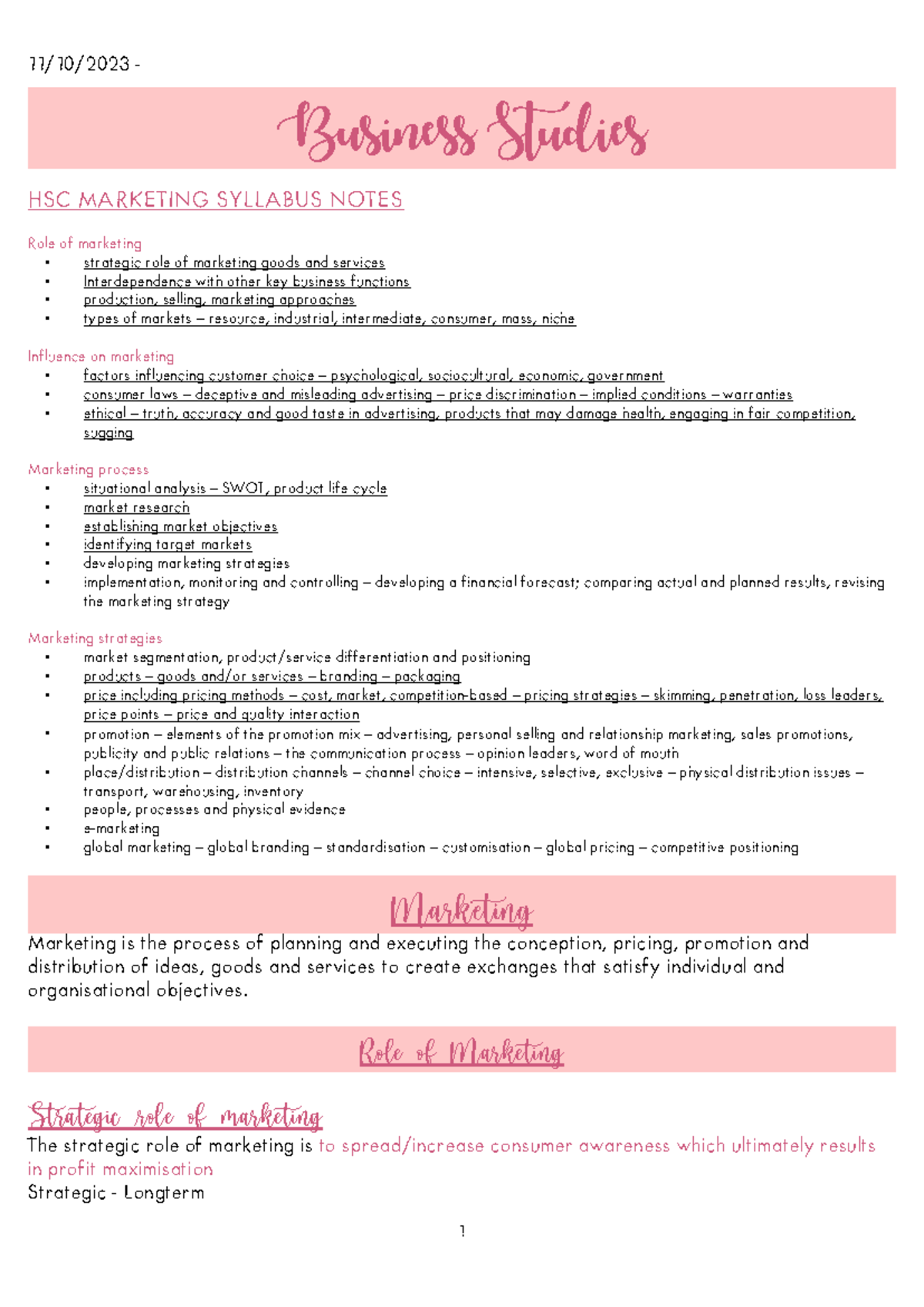 Business Studies YR 12 - Marketing Syllabus Notes and Concepts - Studocu