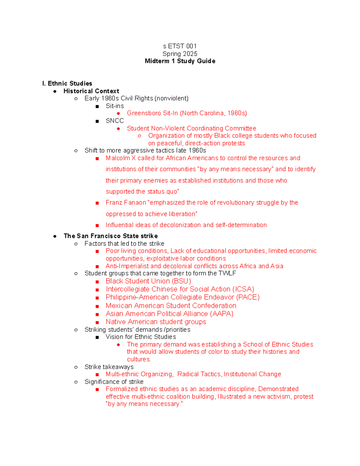 ETST 001 Spring 2025 Midterm 1 Study Guide: Ethnic Studies Contexts ...