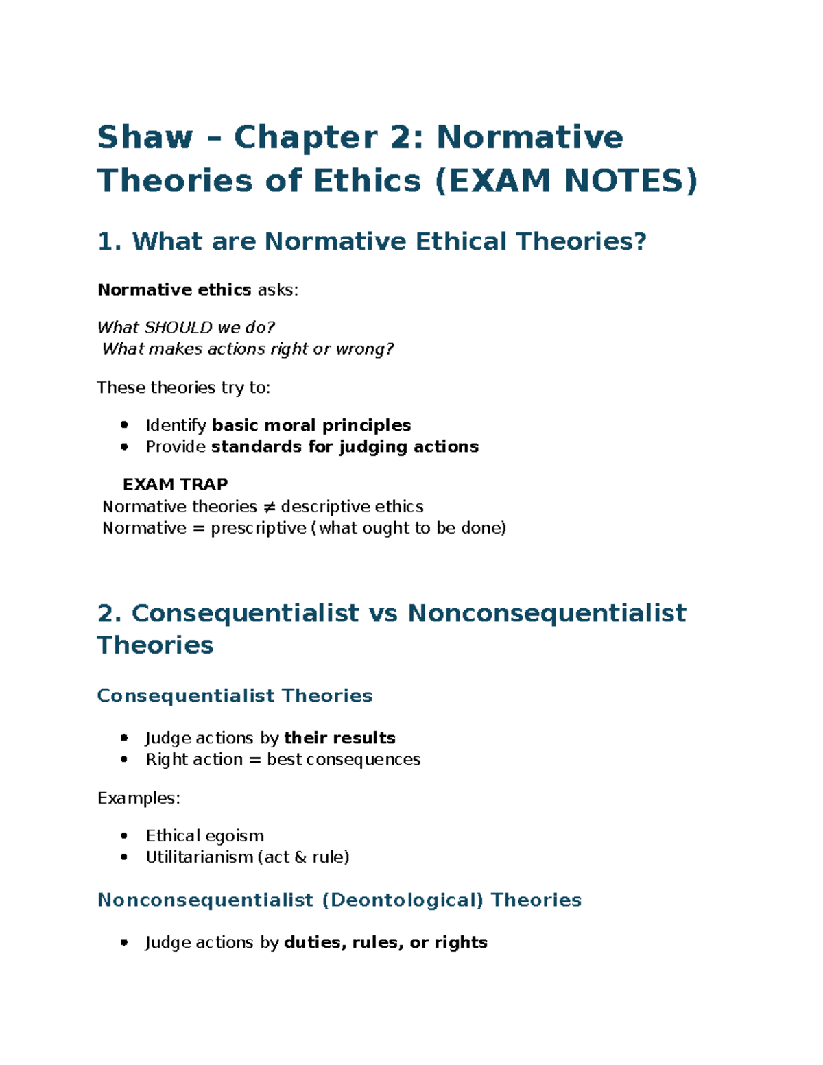 Shaw Chapter 2: Normative Theories of Ethics (EXAM NOTES) - Studocu