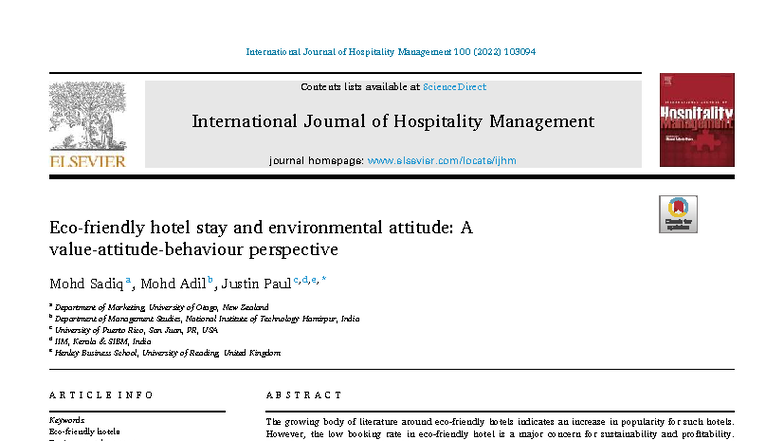 Environmental Attitudes and Hotel Stays: Insights from India (HM 100 ...