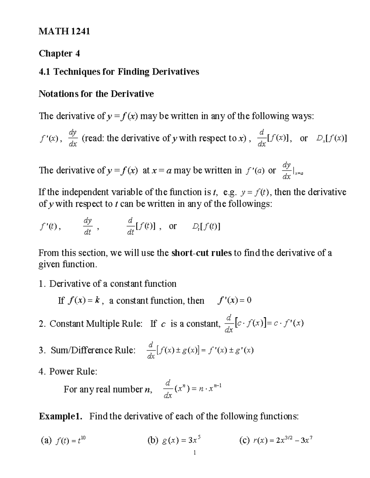MATH 1241 Chapter 4: Techniques for Derivative Calculation - Studocu