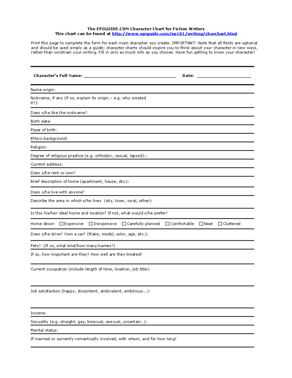 Character Development Chart for Fiction Writers (EPIGUIDE.COM) - Studocu