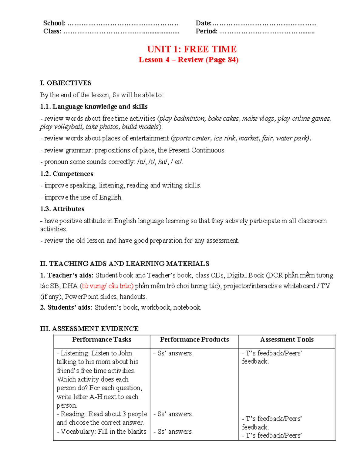 UNIT 1: FREE TIME - Lesson 4 Review Activities and Objectives - Studocu